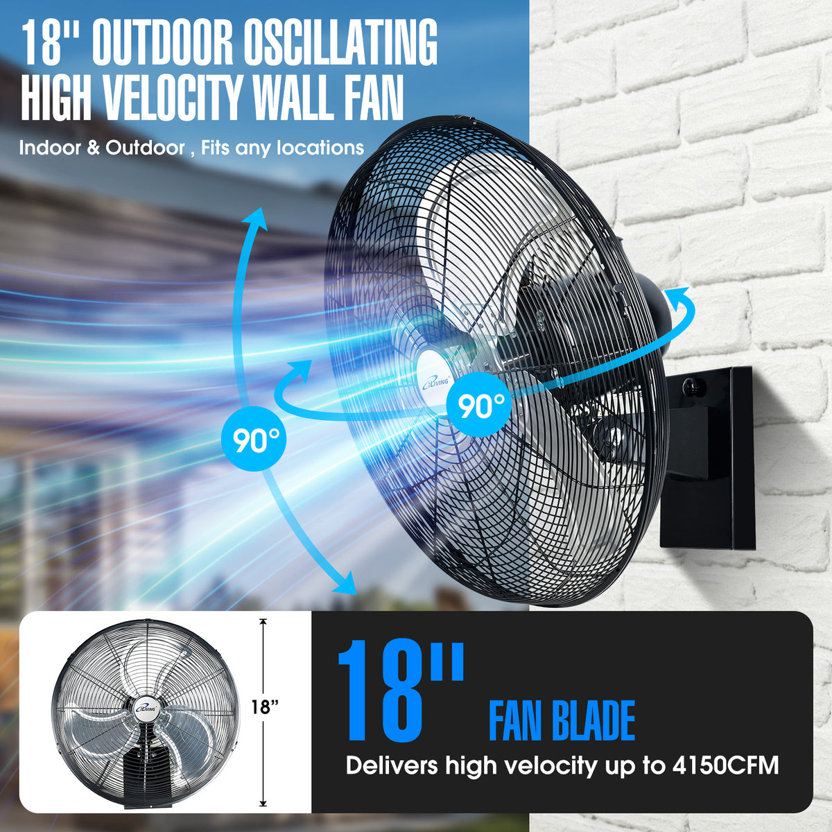 ILG8EOSC18 - iLiving 18" Outdoor Oscillating High Velocity Wall Fan wi ...